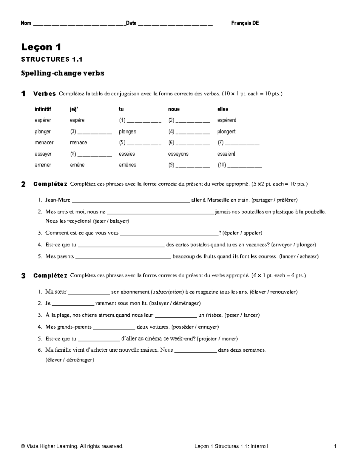 DE+verb+practice+-+lecon+1+quiz - © Vista Higher Learning. All rights ...