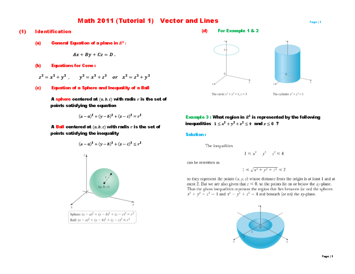Math 2011 Tutorial 1 - (1) Identification (a) General Equation of a ...