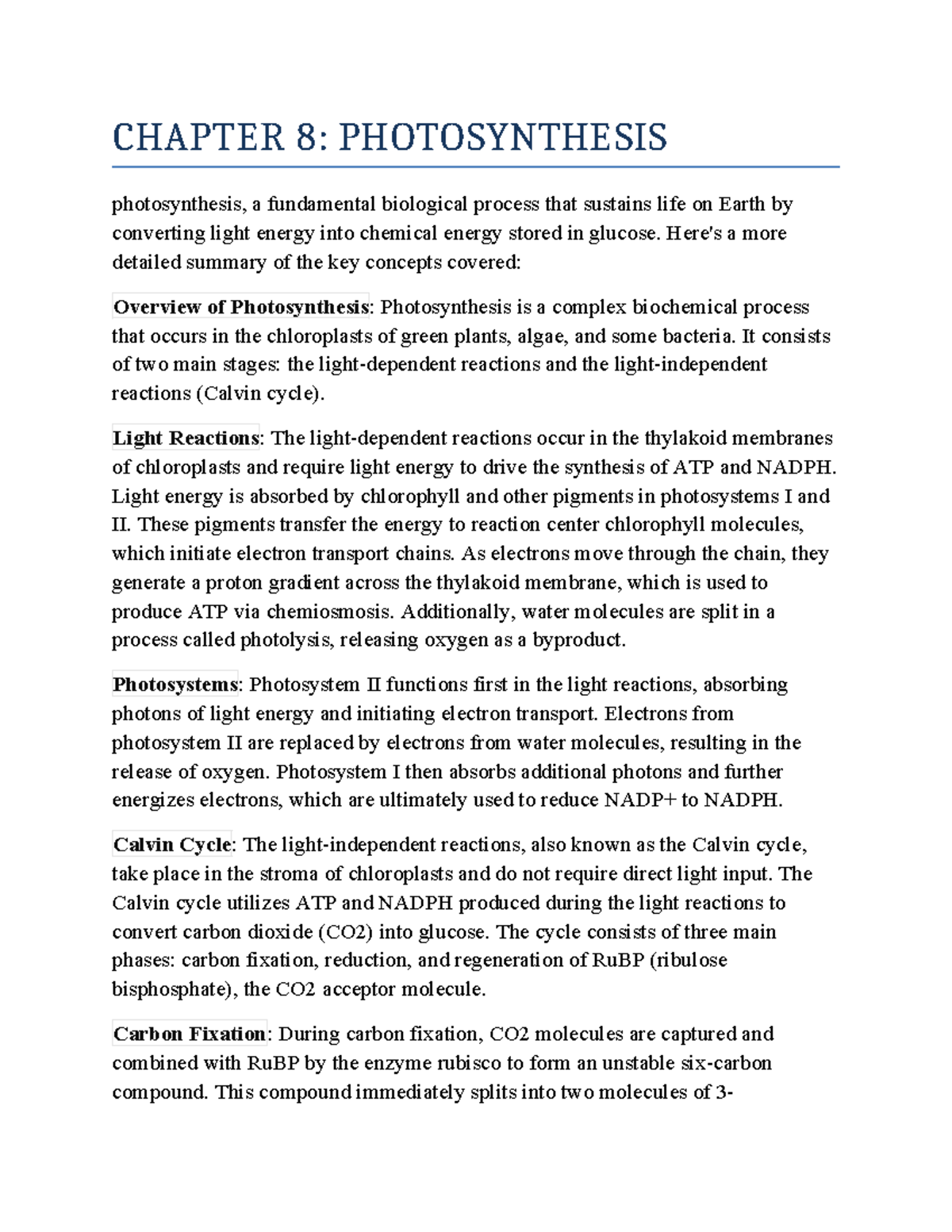 Chapter 8 photosynthesis - CHAPTER 8: PHOTOSYNTHESIS photosynthesis, a ...