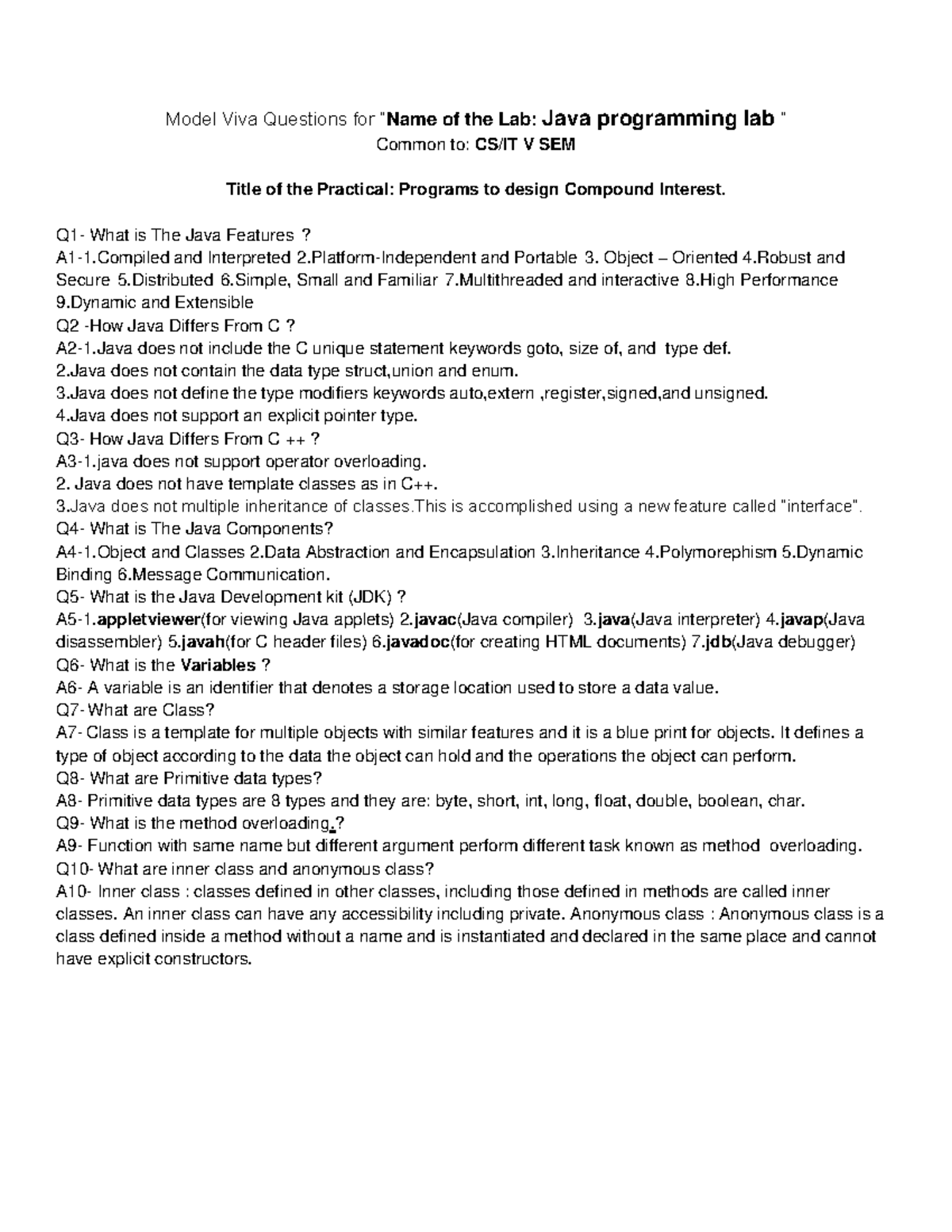 Java Programming viva - Study - Model Viva Questions for “Name of the Lab: Java programming lab ...