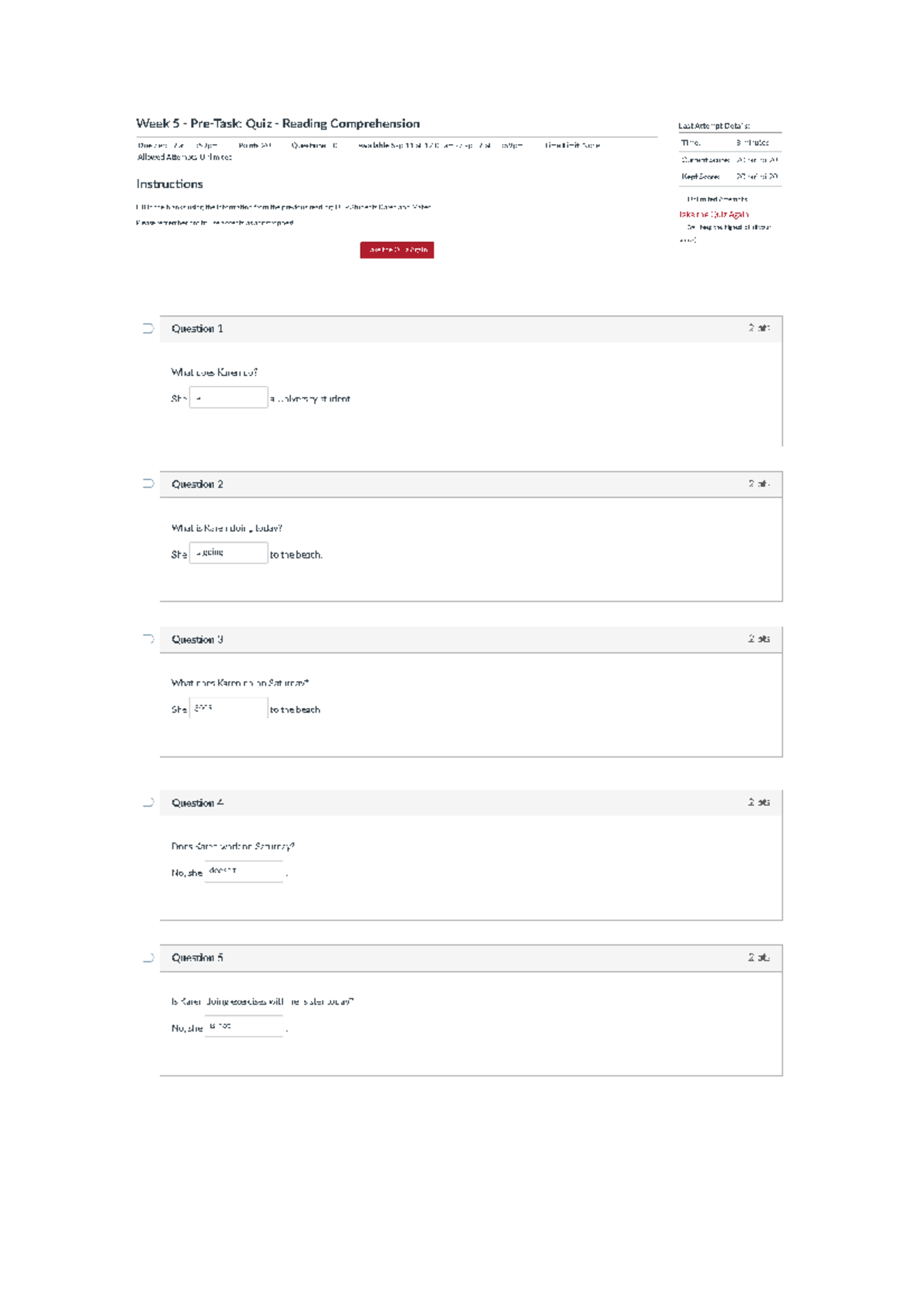 Week 5 Pre Task Quiz Reading Comprehension (UTP Students Karen and ...