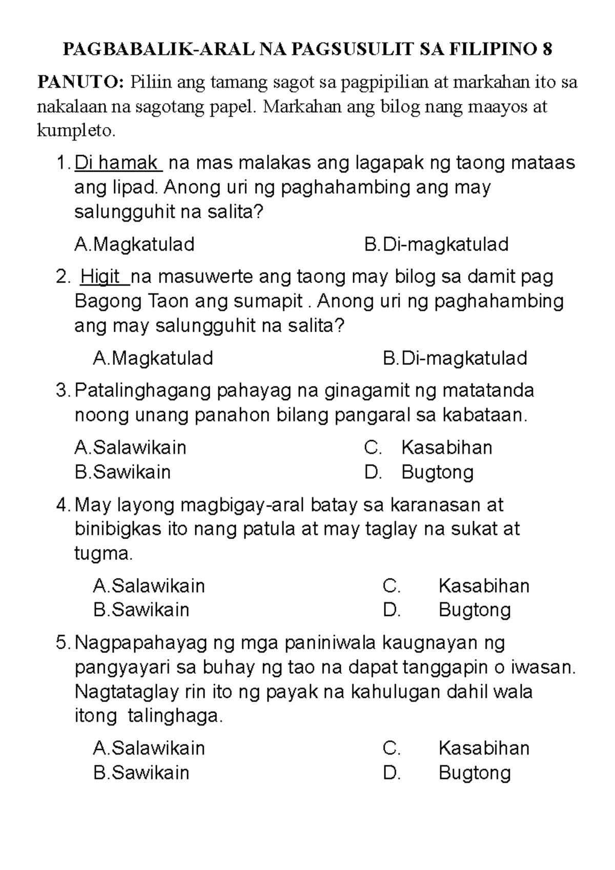 Filipino 8 Unang Markahan Pagsusulit - PAGBABALIK-ARAL NA PAGSUSULIT SA ...