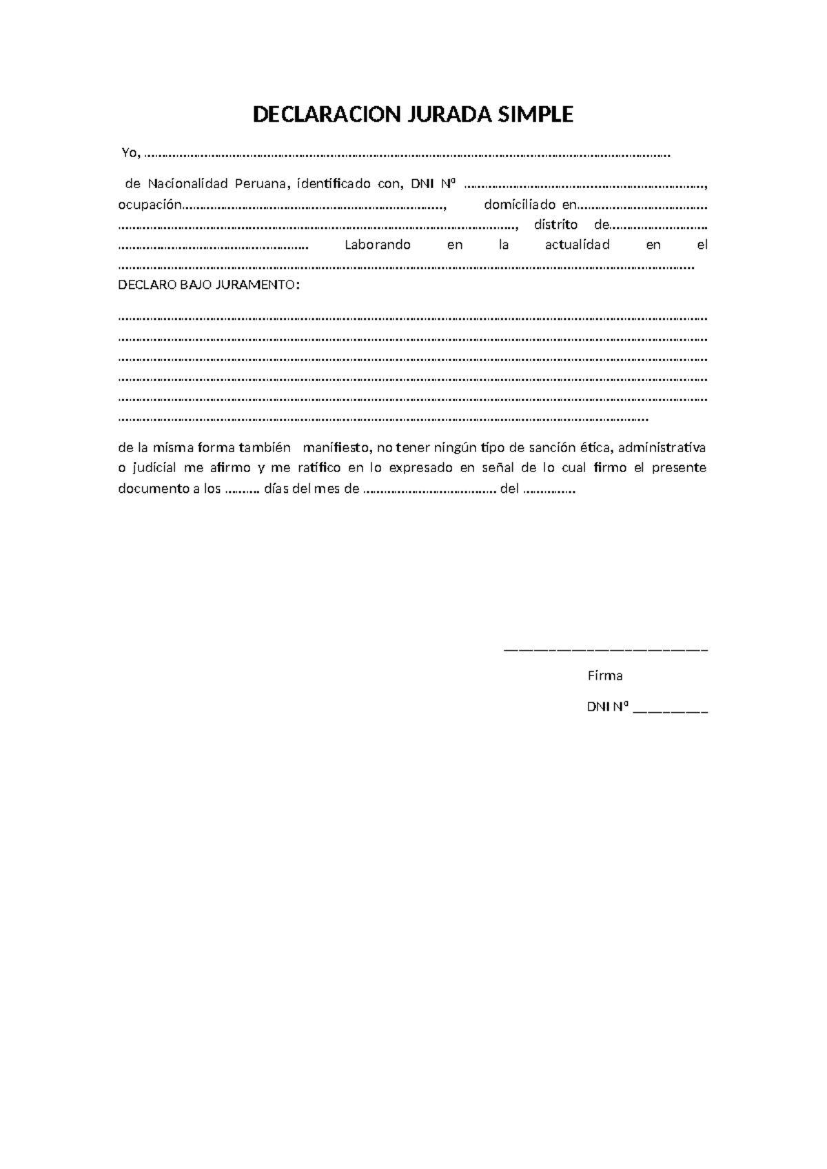 Declaracion Jurada Simple aaa - DECLARACION JURADA SIMPLE Yo, - Studocu
