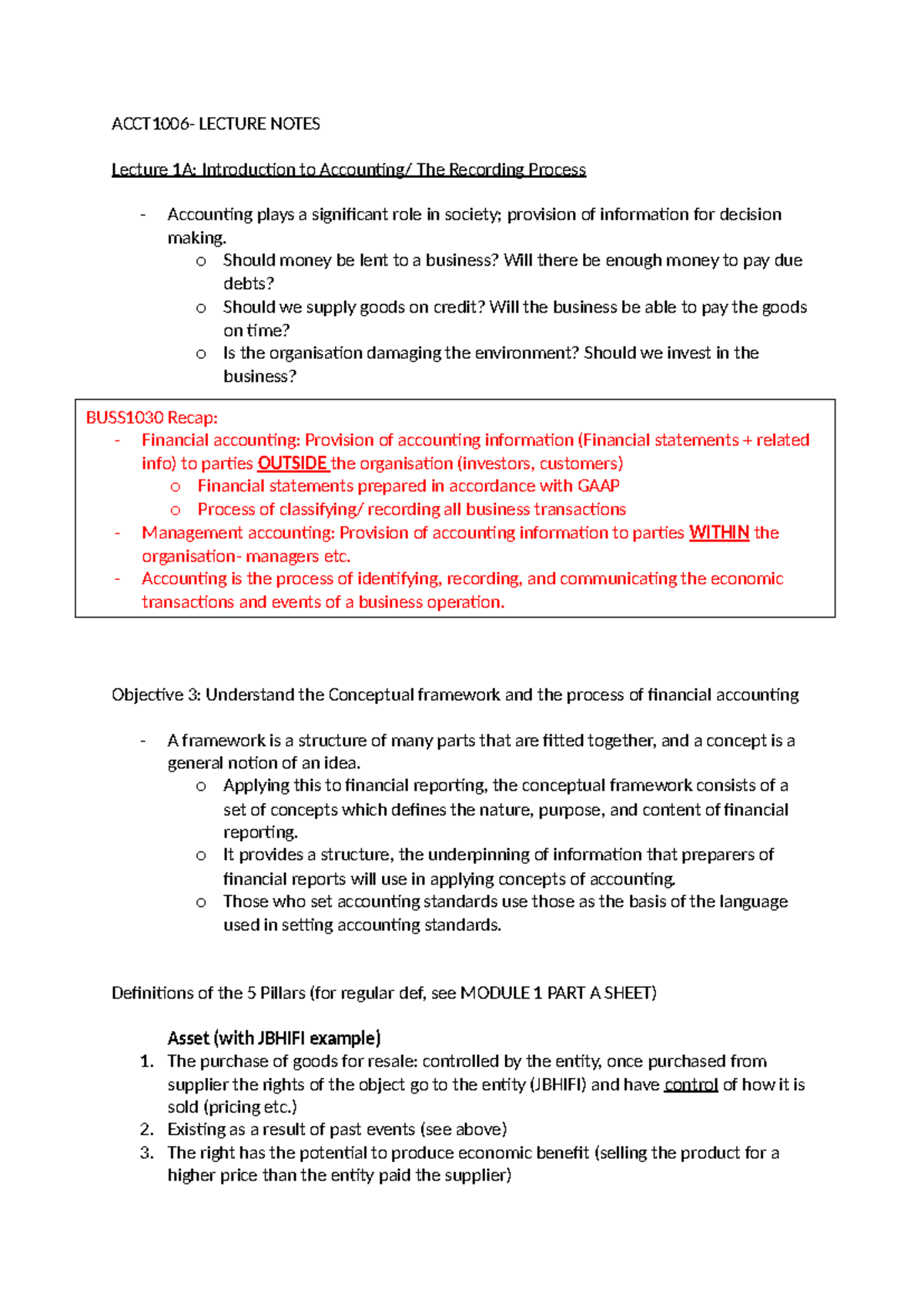 ACCT1006- Lecture Notes - ACCT1006- LECTURE NOTES Lecture 1A ...