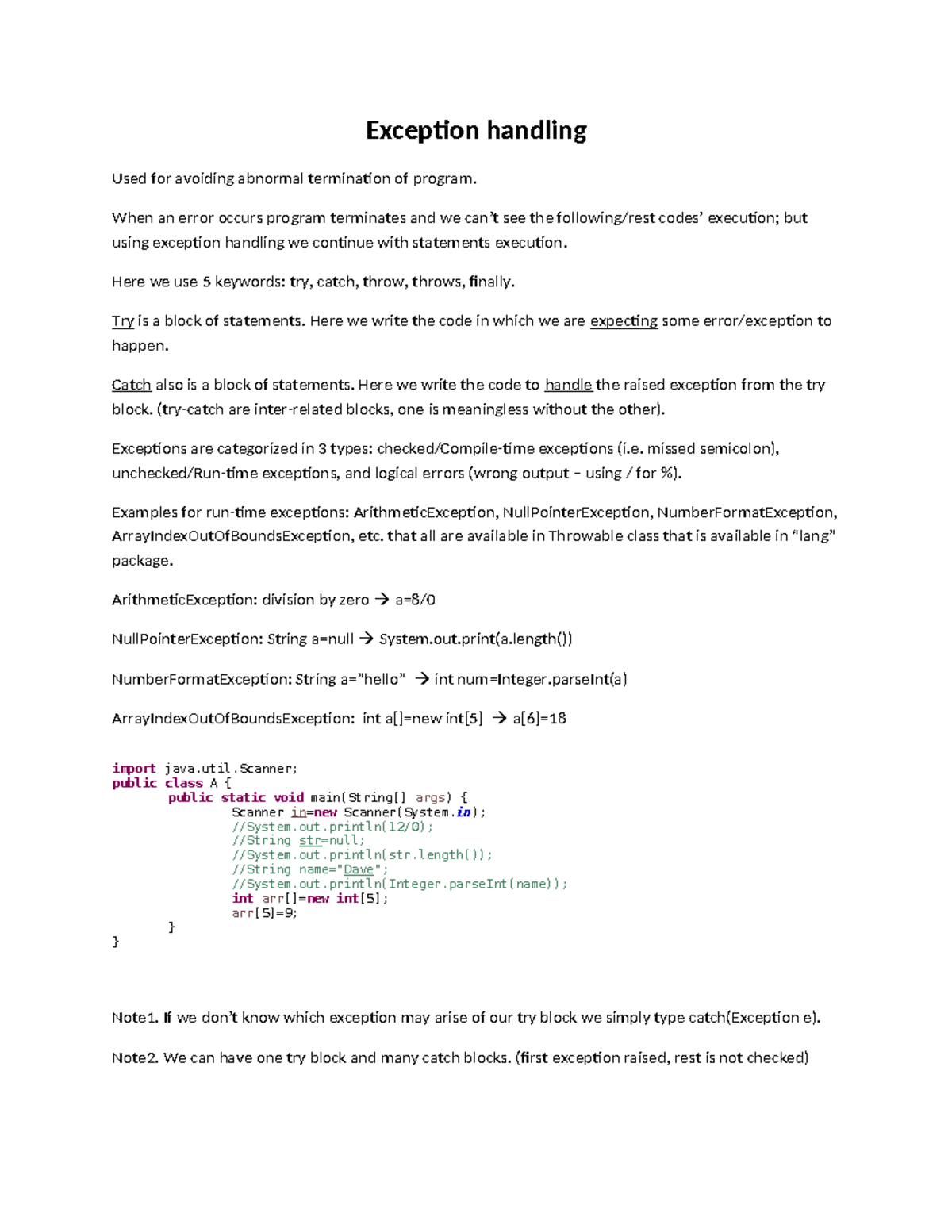 Exception handling - gsadsa - Exception handling Used for avoiding abnormal termination of ...