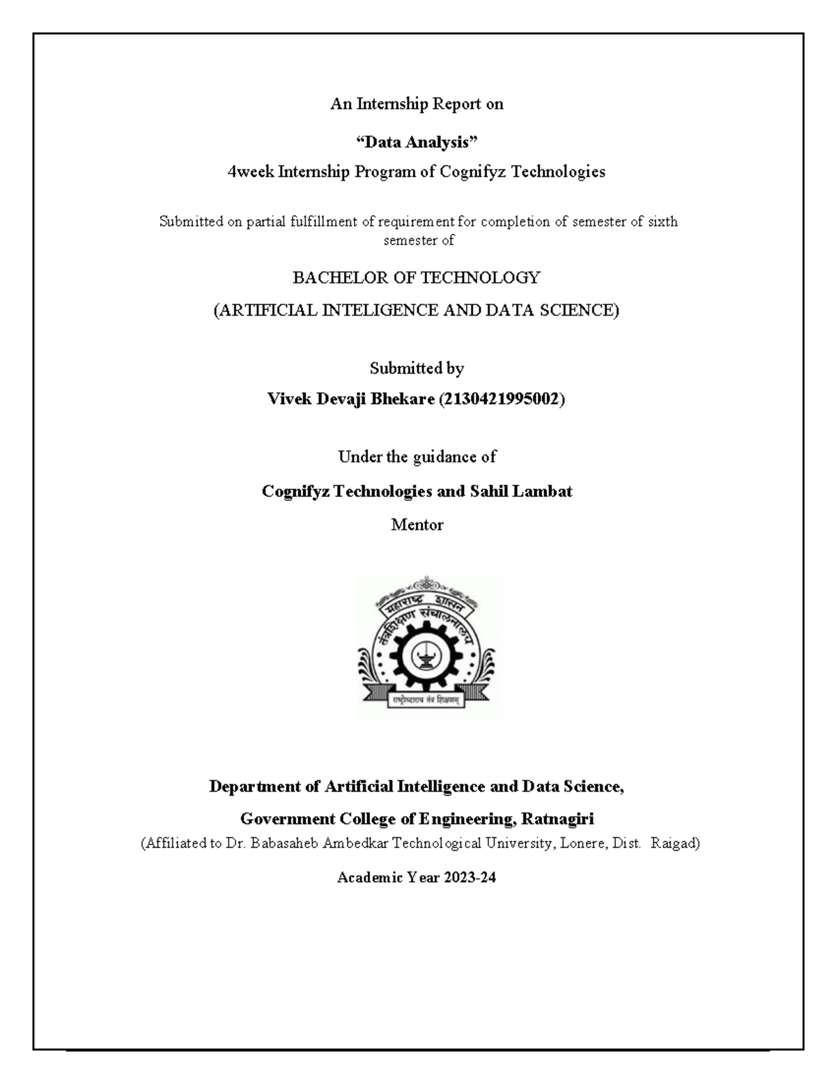 Vivek Internship Report 7th semester 3 - An Internship Report on “Data ...