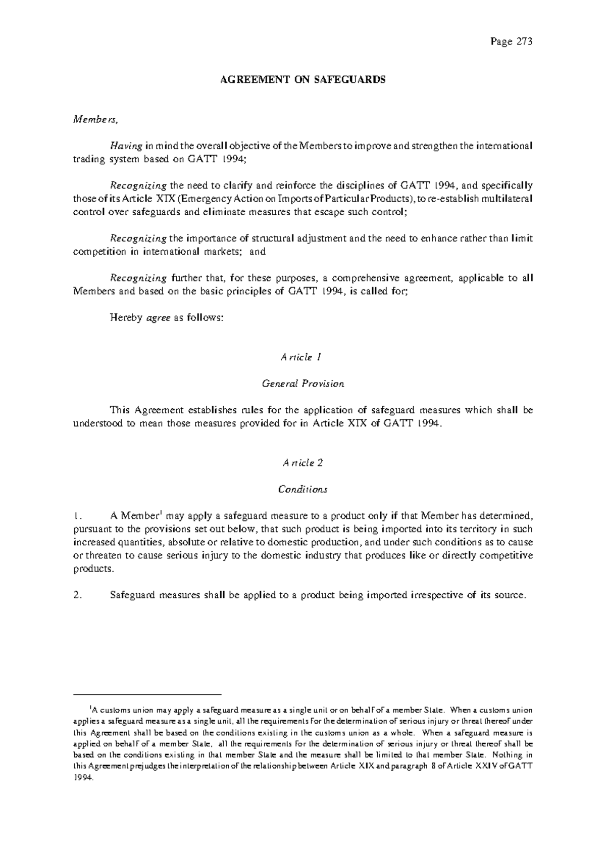 Agreement on Safeguards - articles on the Safeguards Agreement ...