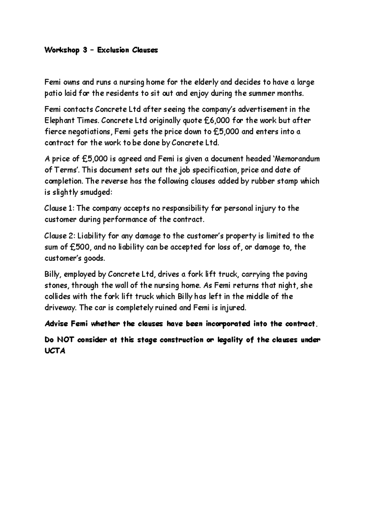 Workshop 3 - Lecturer - Chris Shepherd - Workshop 3 – Exclusion Clauses ...