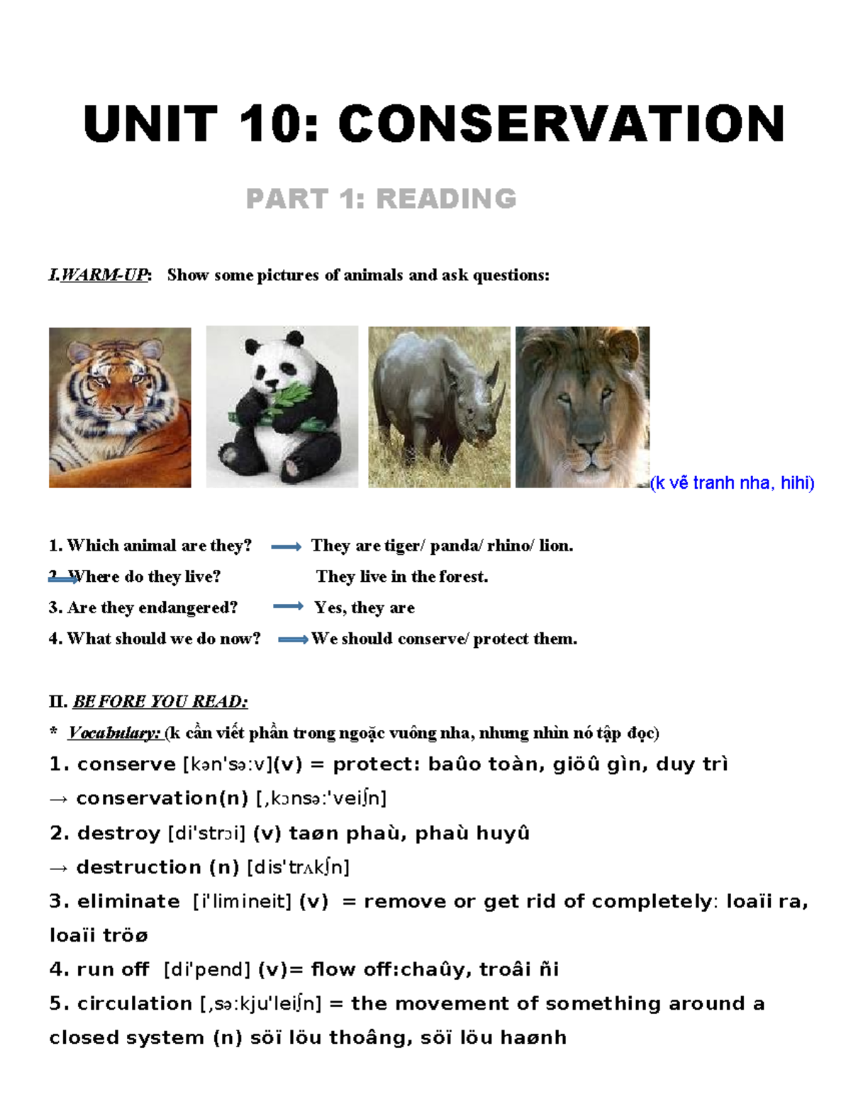 Unit 10- E10 - ẻgffc - UNIT 10: CONSERVATION PART 1: READING I-UP: Show ...