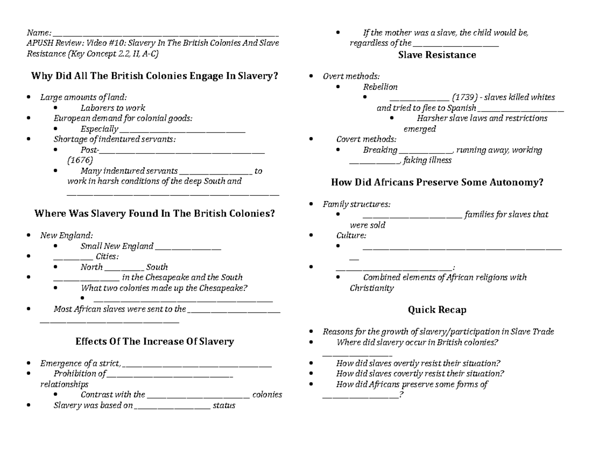 Apush Review Video 10 Slavery In The British Colonies And Slave ...