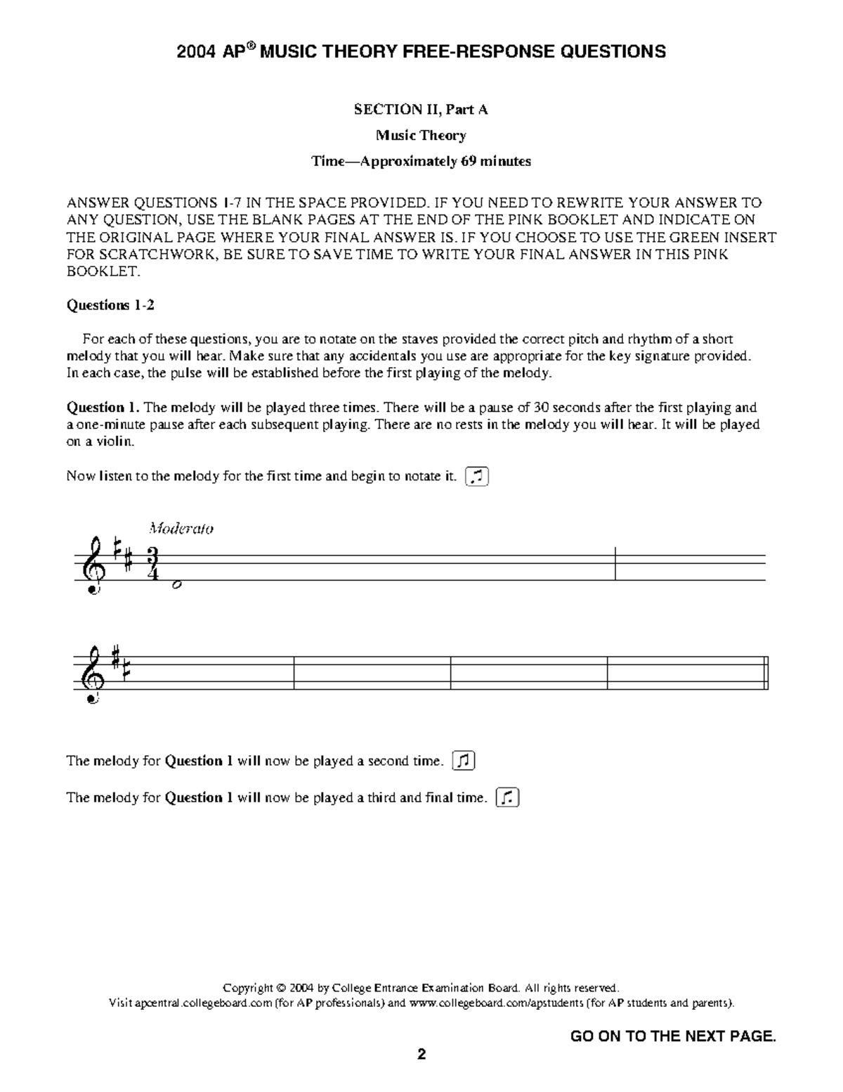 Music Theory Free Response Questions - 2004 AP MUSIC THEORY FREE ...
