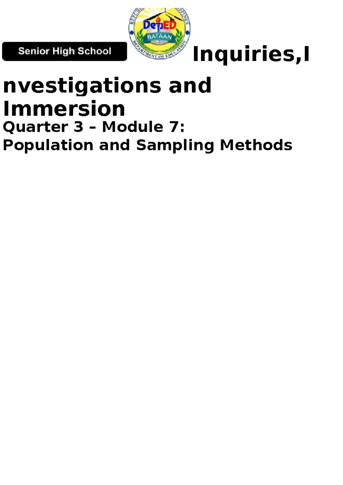 Q3-M7 3Is Population-and-Sampling-Methods - Inquiries,I nvestigations ...