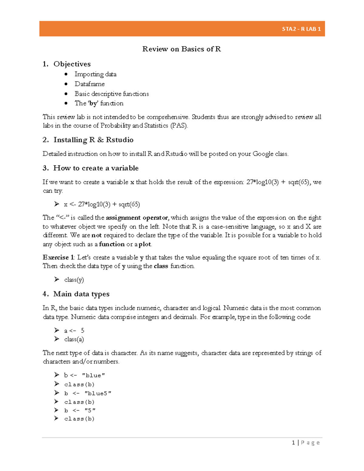 BES - R Lab 1 - igyu - Review on Basics of R 1. Objectives Importing ...