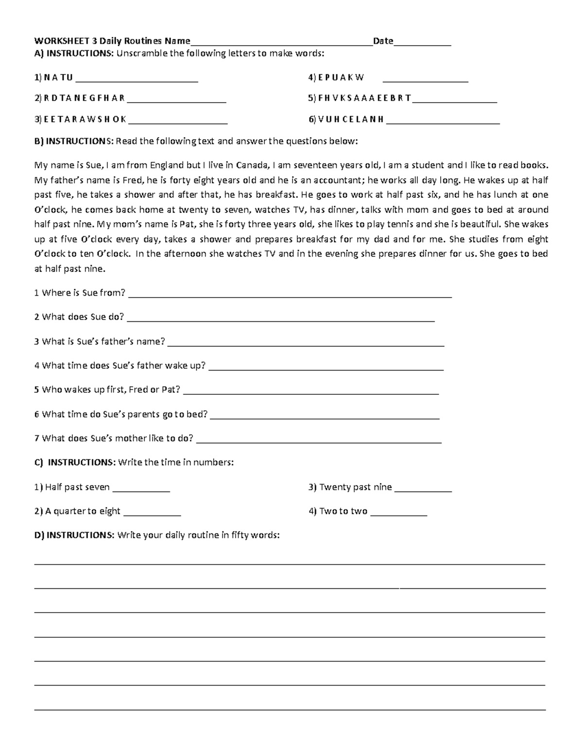 Worksheet 3 Daily Routines - WORKSHEET 3 Daily Routines - Studocu