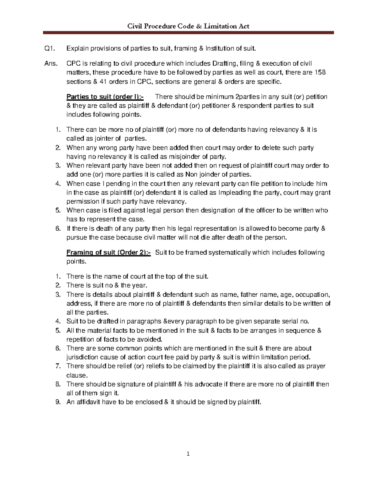 Civil Procedure Code Limitation Act Nice - Q1. Explain provisions of parties to suit, framing ...