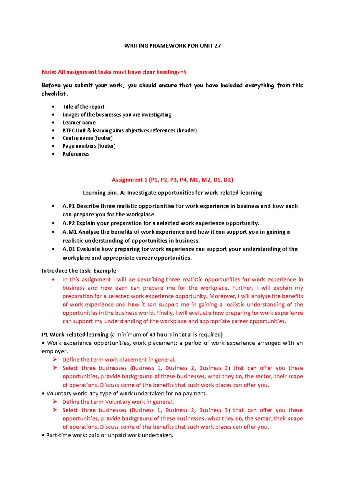 BTEC Unit 27: Writing Framework for Work Experience Assignment ...