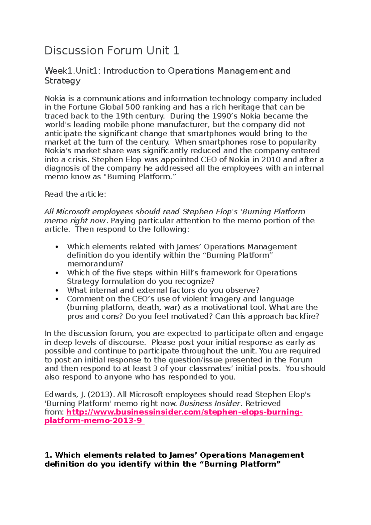 Week one discussion assignment - Discussion Forum Unit 1 Week1 ...