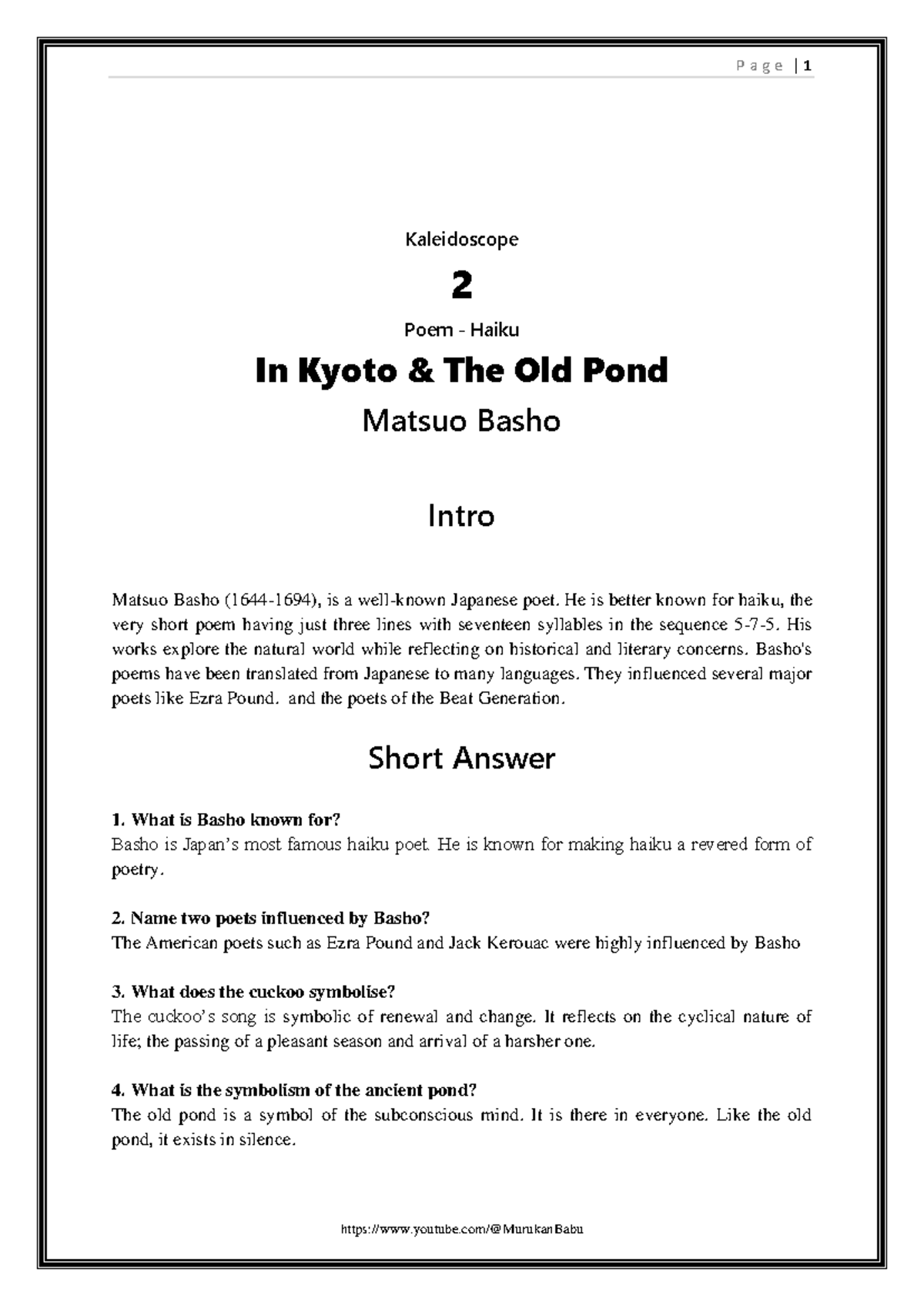 Basho 2 - P a g e | 1 youtube/@MurukanBabu Kaleidoscope 2 Poem - Haiku ...