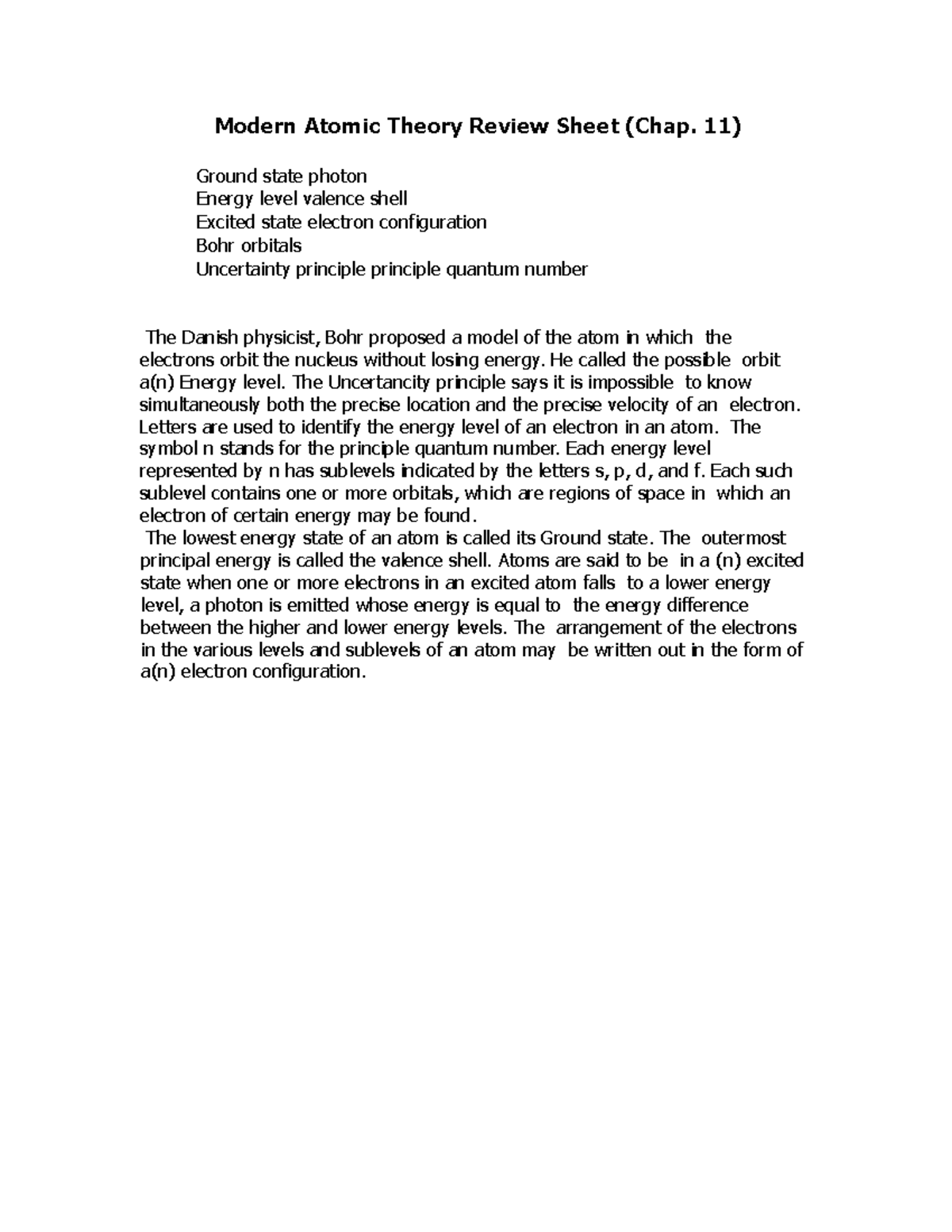 Electron Configuration Review Sheet - Modern Atomic Theory Review Sheet ...