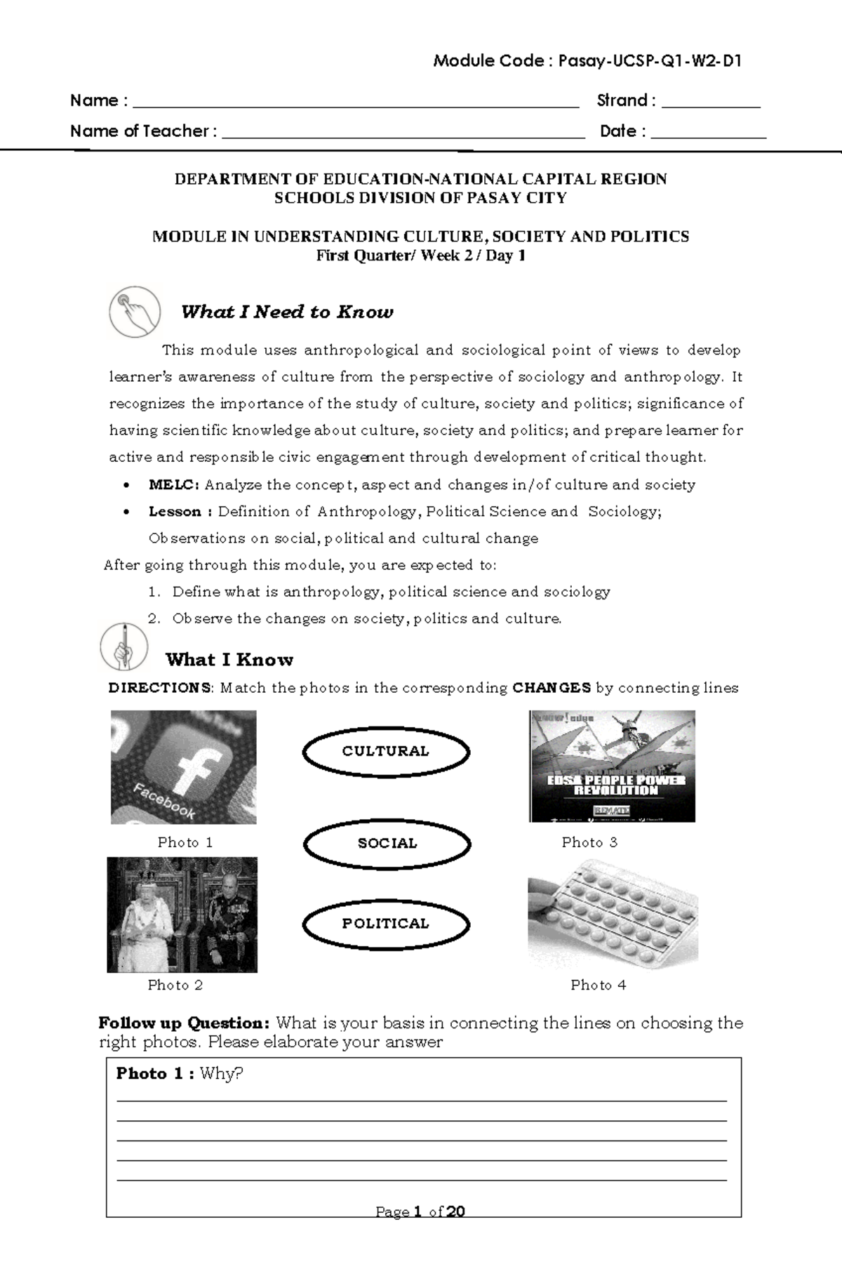 4 UCSP Q1 W2 - Module - Module Code : Pasay-UCSP-Q1-W2-D Name : - Studocu