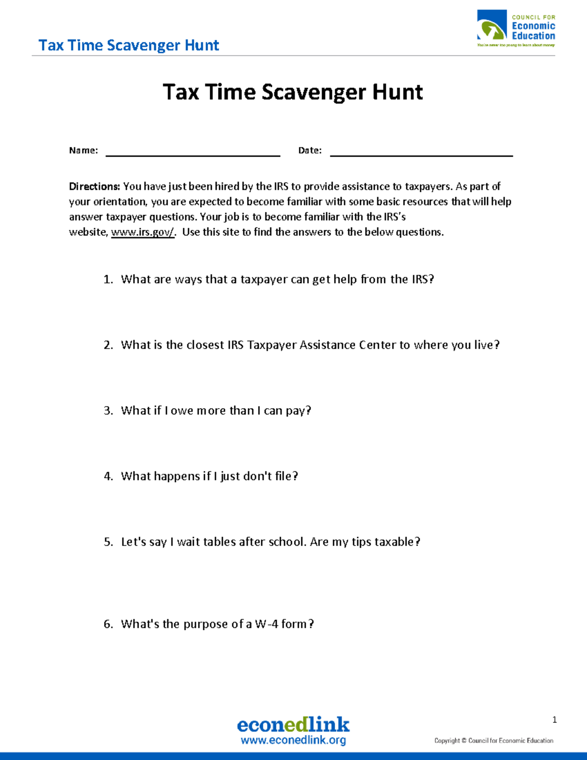 Tax Time Scavenger Hunt Questions - Tax Time Scavenger Hunt 1 Tax Time ...