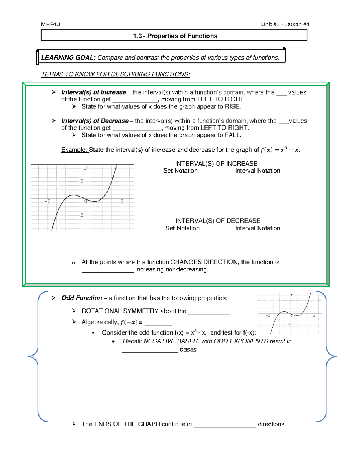 Mhf4u - 1.3 - Properties of Graphs of Functions Student - 1 ...