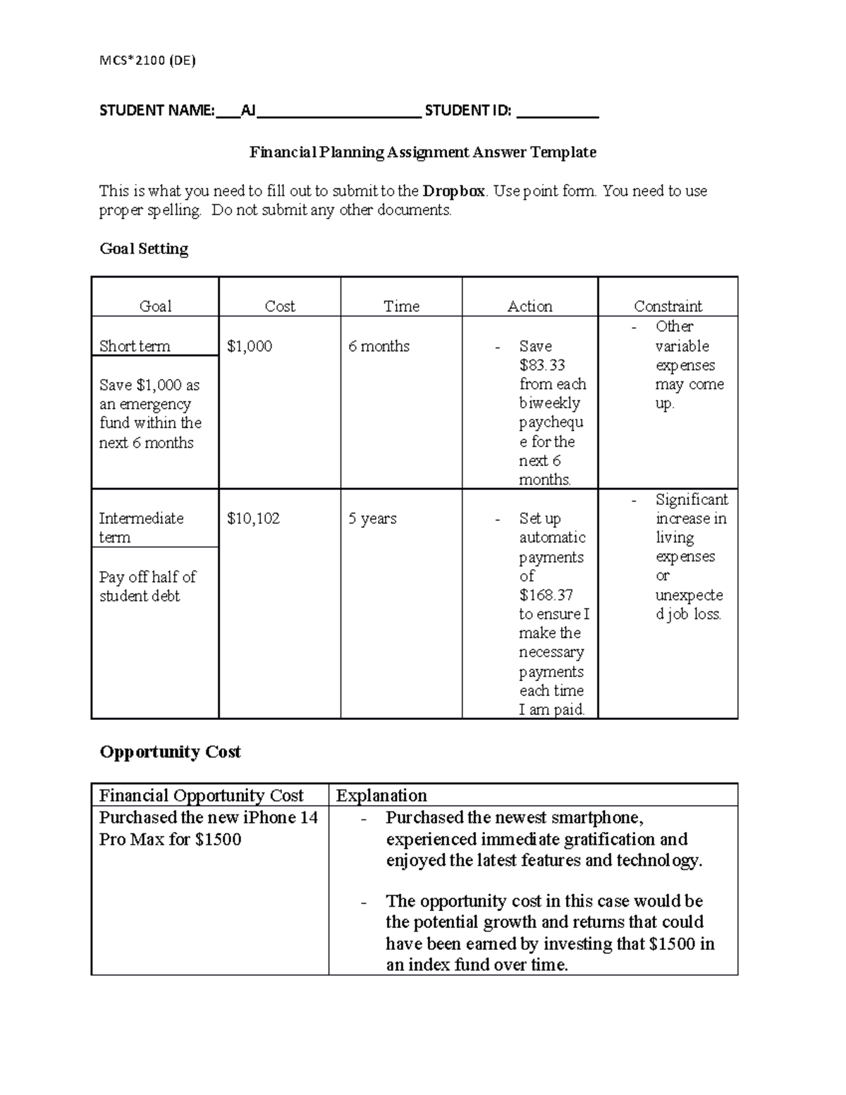 AJ Financial Planning Assignment - STUDENT NAME:AJ ...