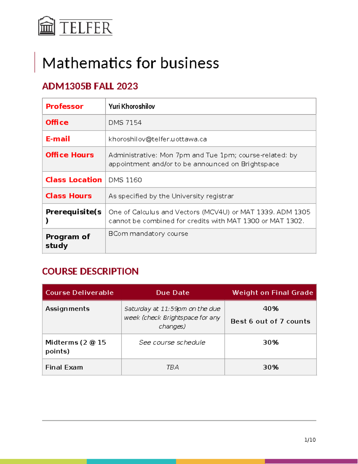 ADM 1305B Fall 2023 syllabus - Mathematics for business ADM1305B FALL ...