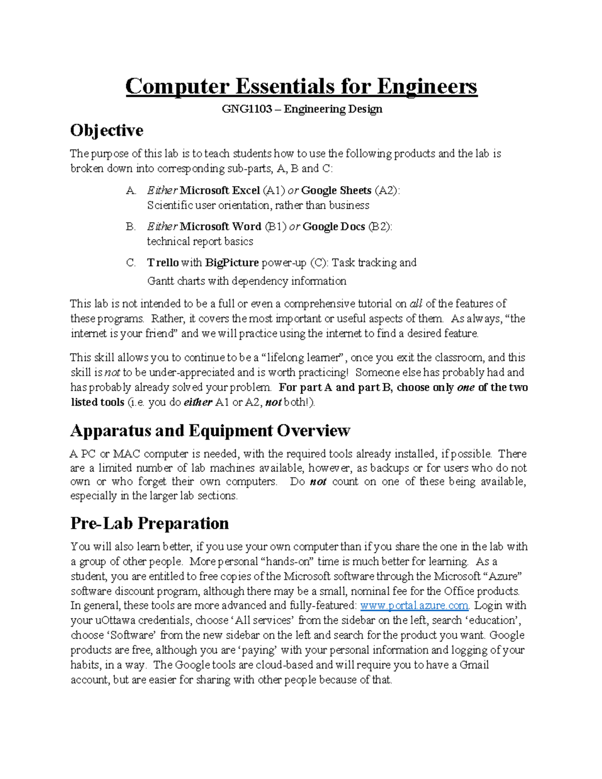 GNG 1103 Lab 1 objectives - Computer Essentials for Engineers GNG1103 – Engineering Design ...