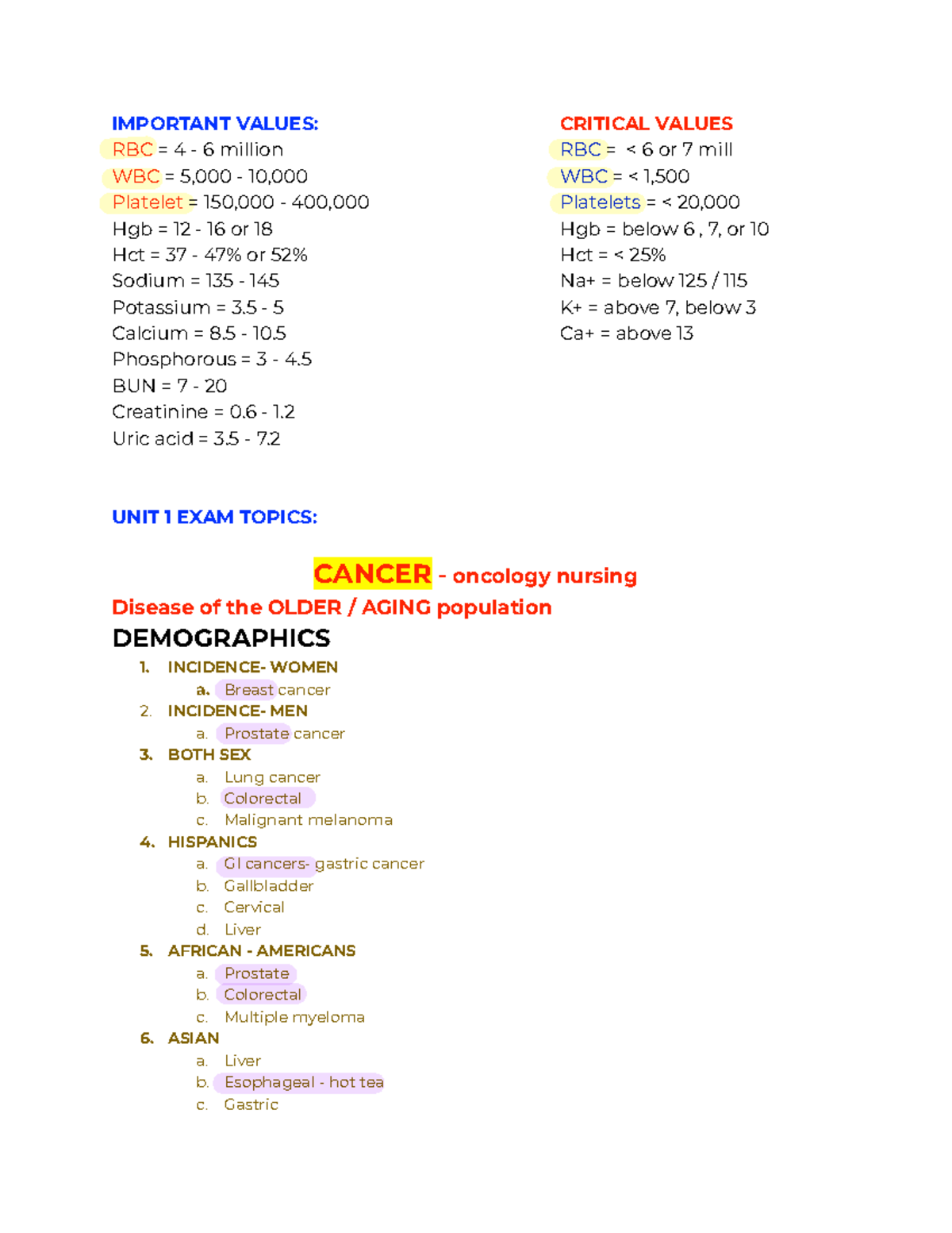 EXAM 1 Topics 3 - Exam notes - IMPORTANT VALUES: CRITICAL VALUES RBC ...