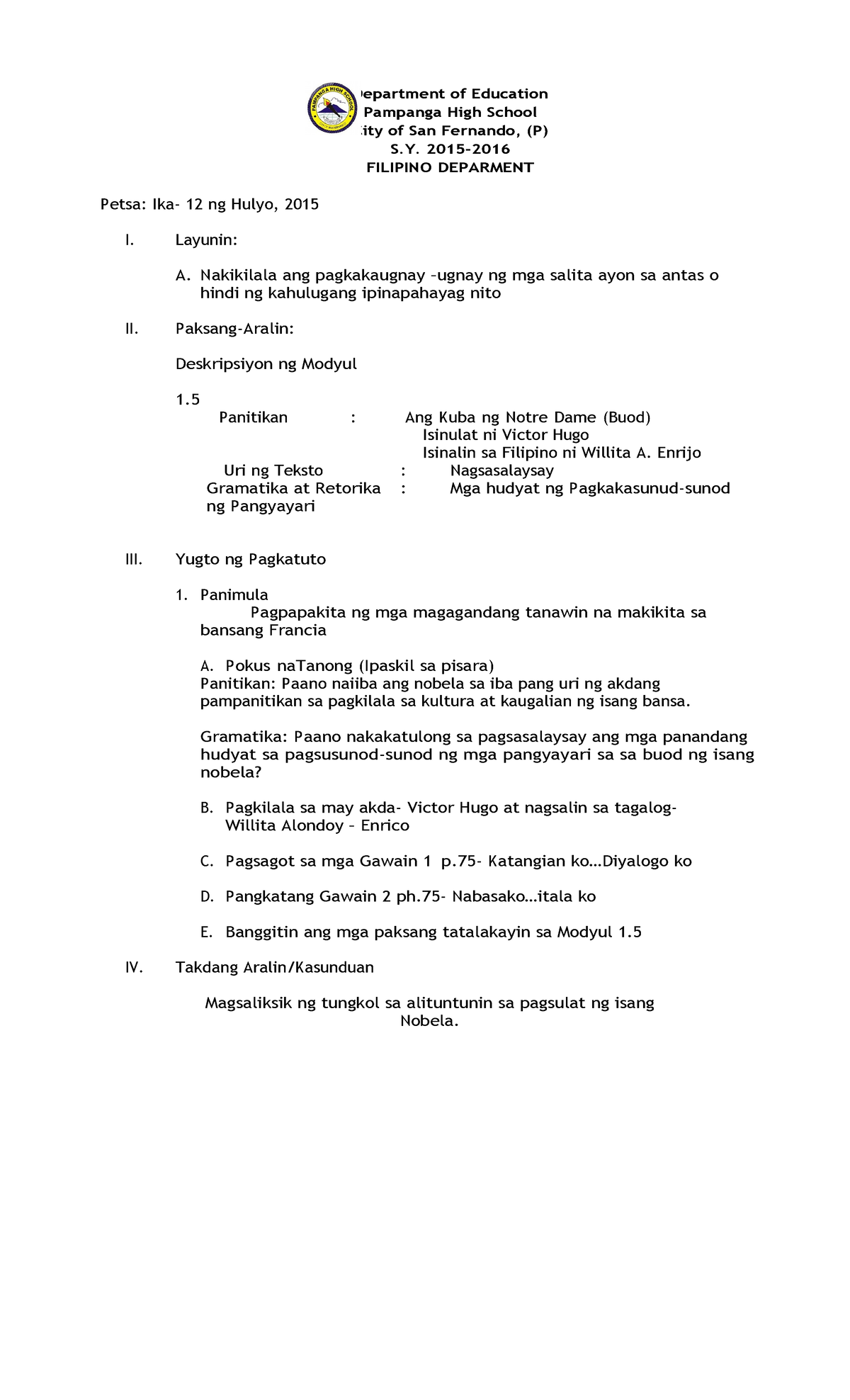 Banghay aralin ang kuba ng notre dame grade 10 - Pampanga High School ...