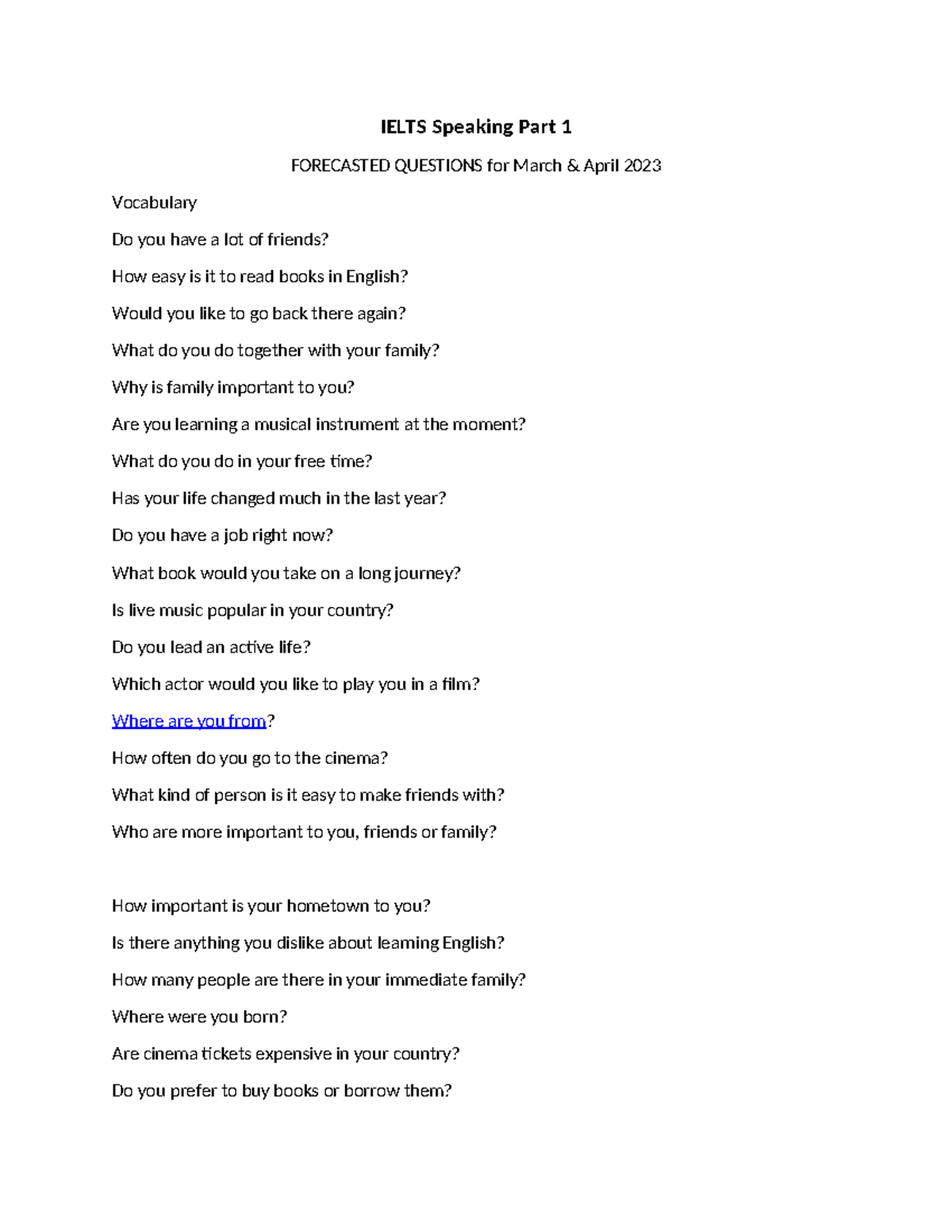 Ielts-Speaking-Part-1-student - IELTS Speaking Part 1 FORECASTED ...