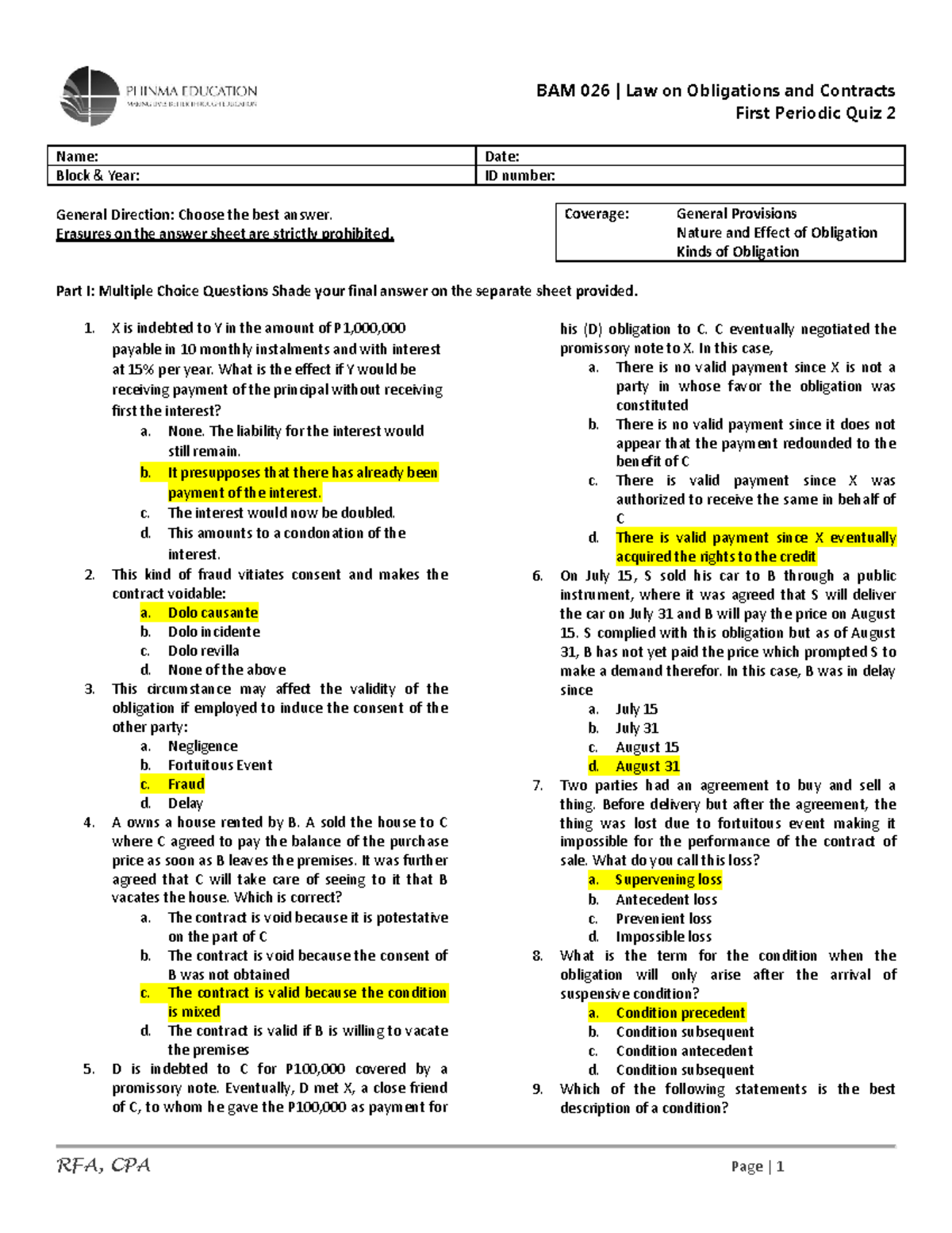 BAM 026 P1 Q2 with key answer - First Periodic Quiz 2 Name: Date: Block & Year: ID number: - Studocu