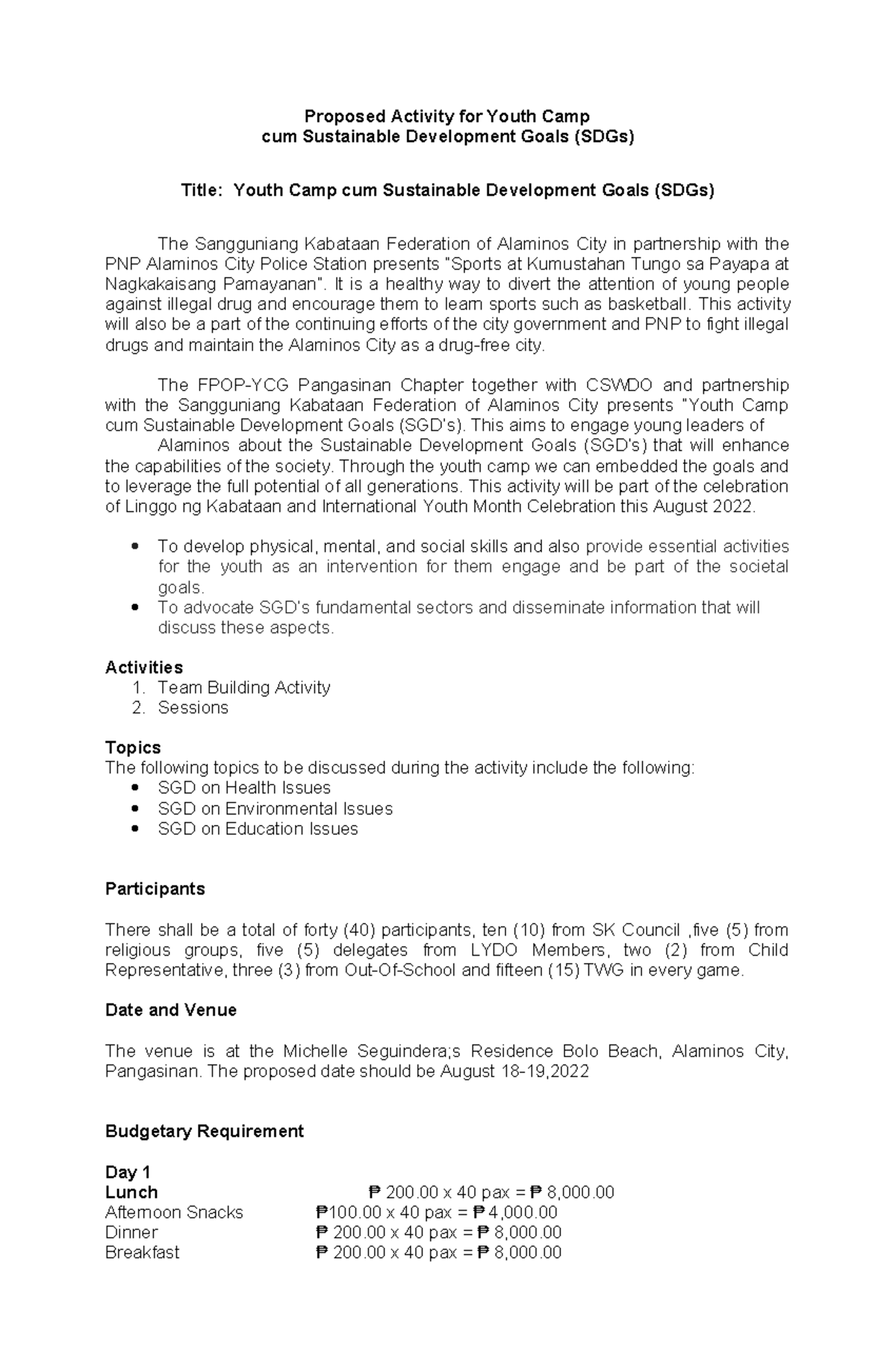 Youthcampcswdo - Proposed Activity for Youth Camp cum Sustainable ...