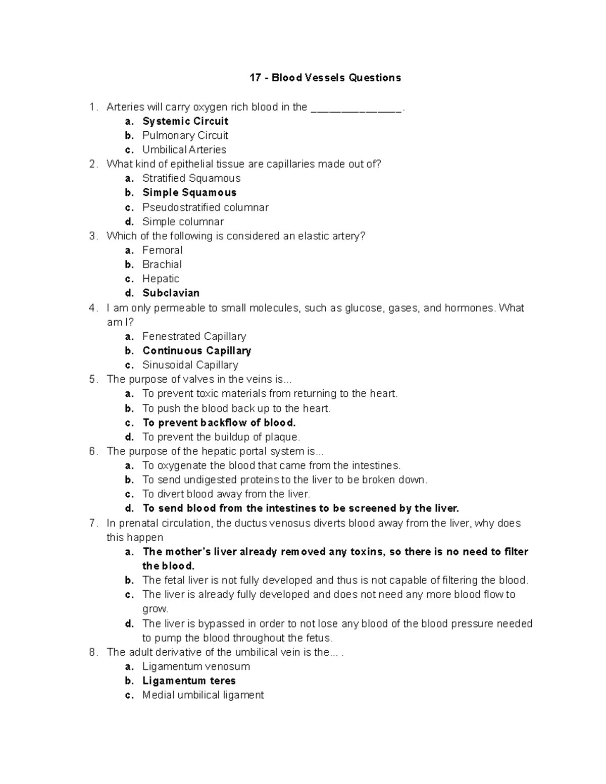 17 - Blood Vessels Questions - 17 - Blood Vessels Questions Arteries ...