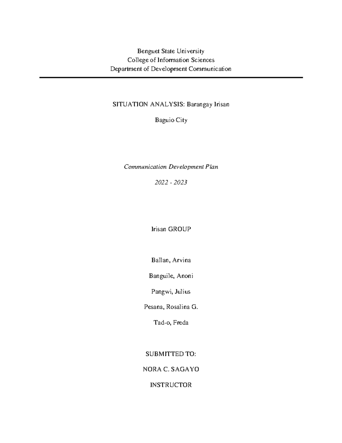 DEVC114 SA (Irisan Group) - Benguet State University College of ...