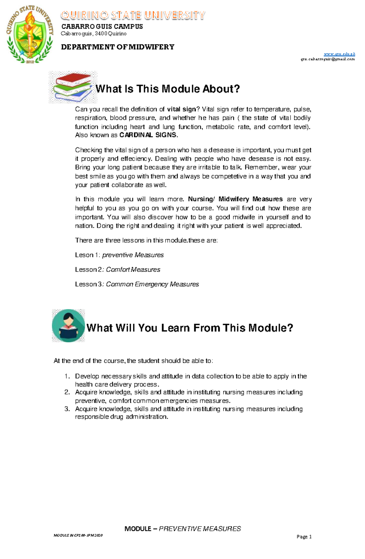 Module cp 100 Midterm - nursing/midwifery measure - MODULE – PREVENTIVE ...