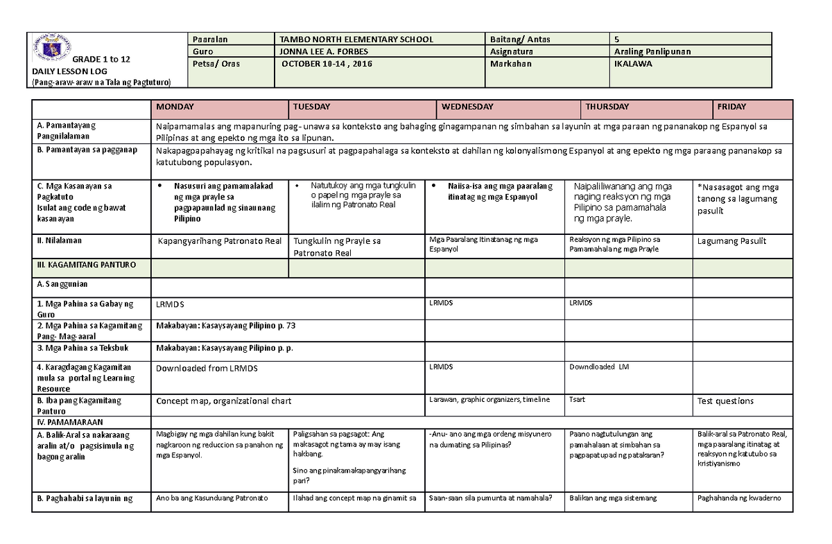 AP Grade 5 DLL Q2 Wk8 - NONE - GRADE 1 to 12 DAILY LESSON LOG (Pang ...