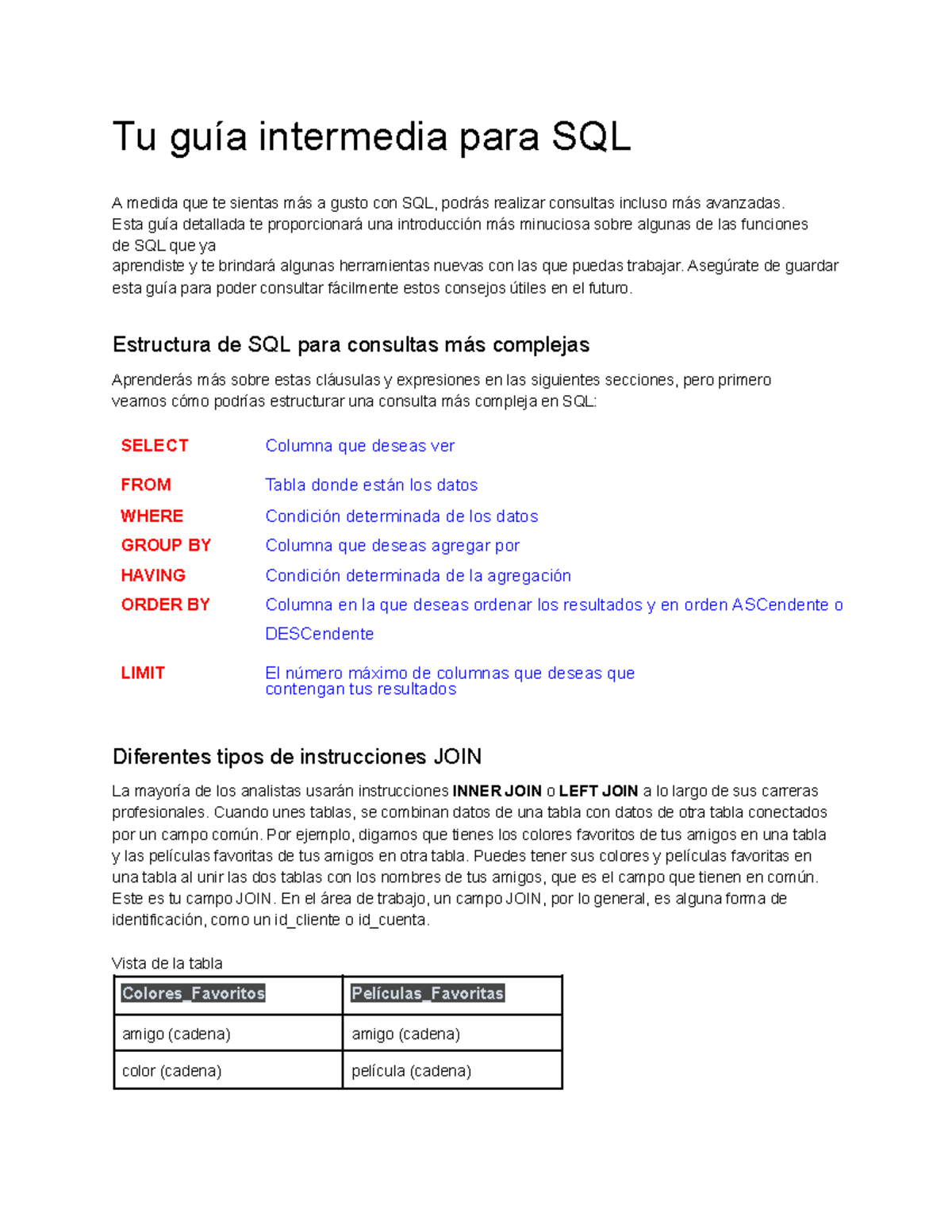 Tu guía intermedia para SQL SPA - Tu guía intermedia para SQL A medida que te sientas más a ...