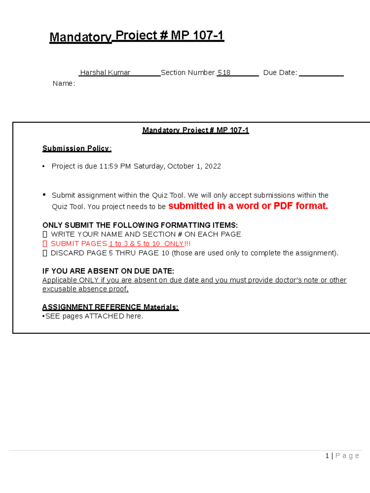 CARs Mandatory Projects - 1 | P a g e Mandatory Project # MP 107- Name ...