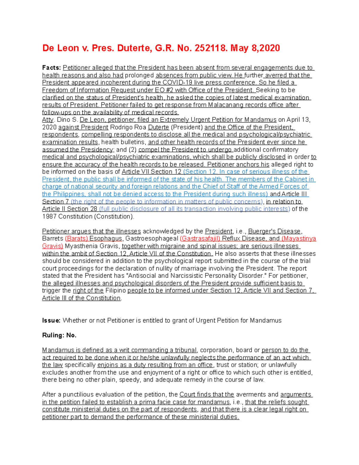 Assigned Cases FOR Recit - De Leon v. Pres. Duterte, G. No. 252118. May ...