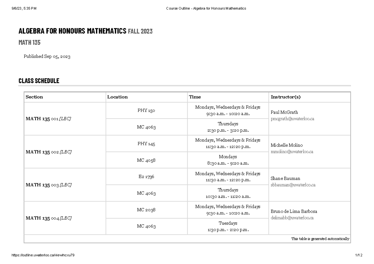Math 135 course outline F2023 - ALGEBRA FOR HONOURS MATHEMATICS FALL ...