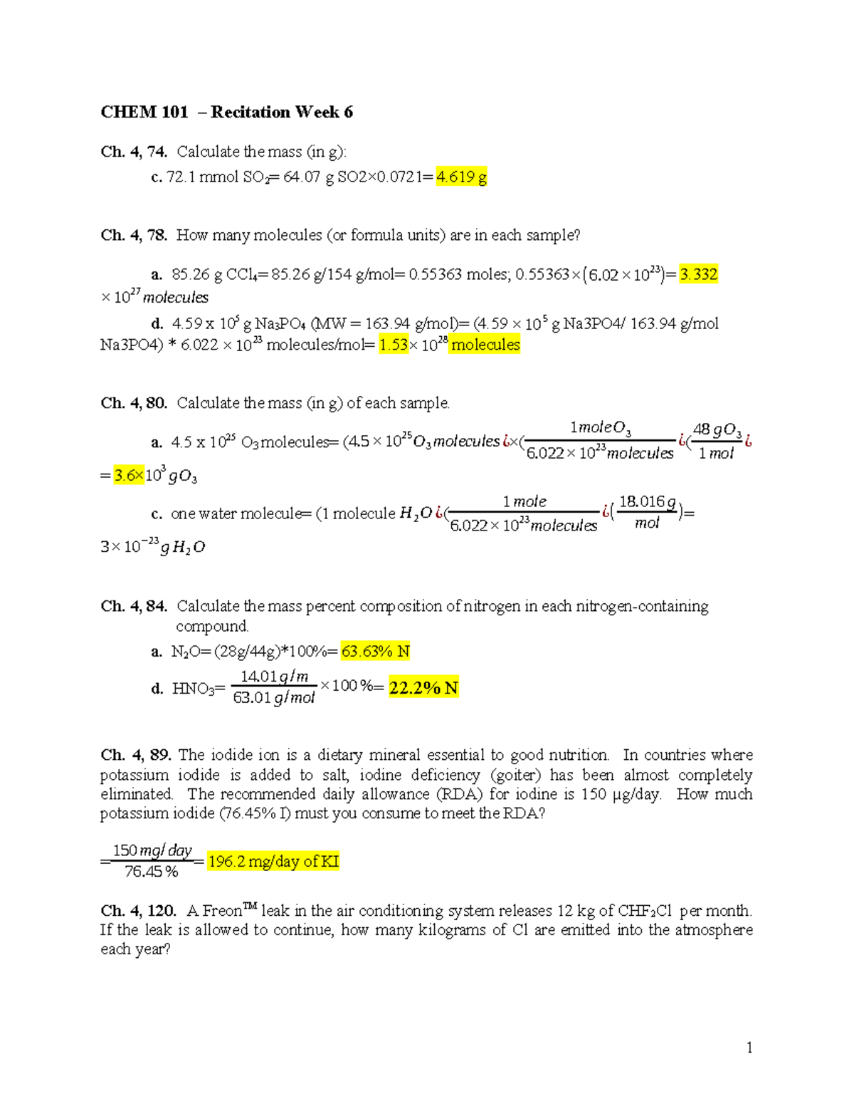 CHEM 101 Recitation Week 6 - CHEM 101 – Recitation Week 6 Ch. 4, 74. Calculate the mass (in g ...