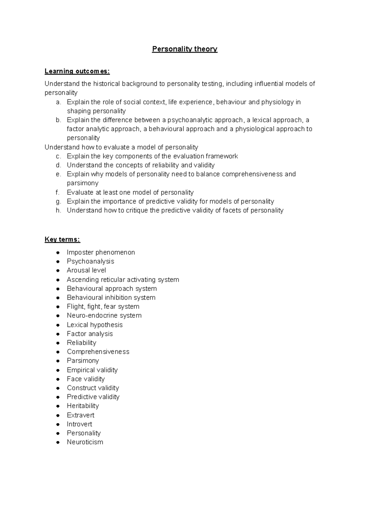 Topic 2 - Personality Theory - Personality theory Learning outcomes ...