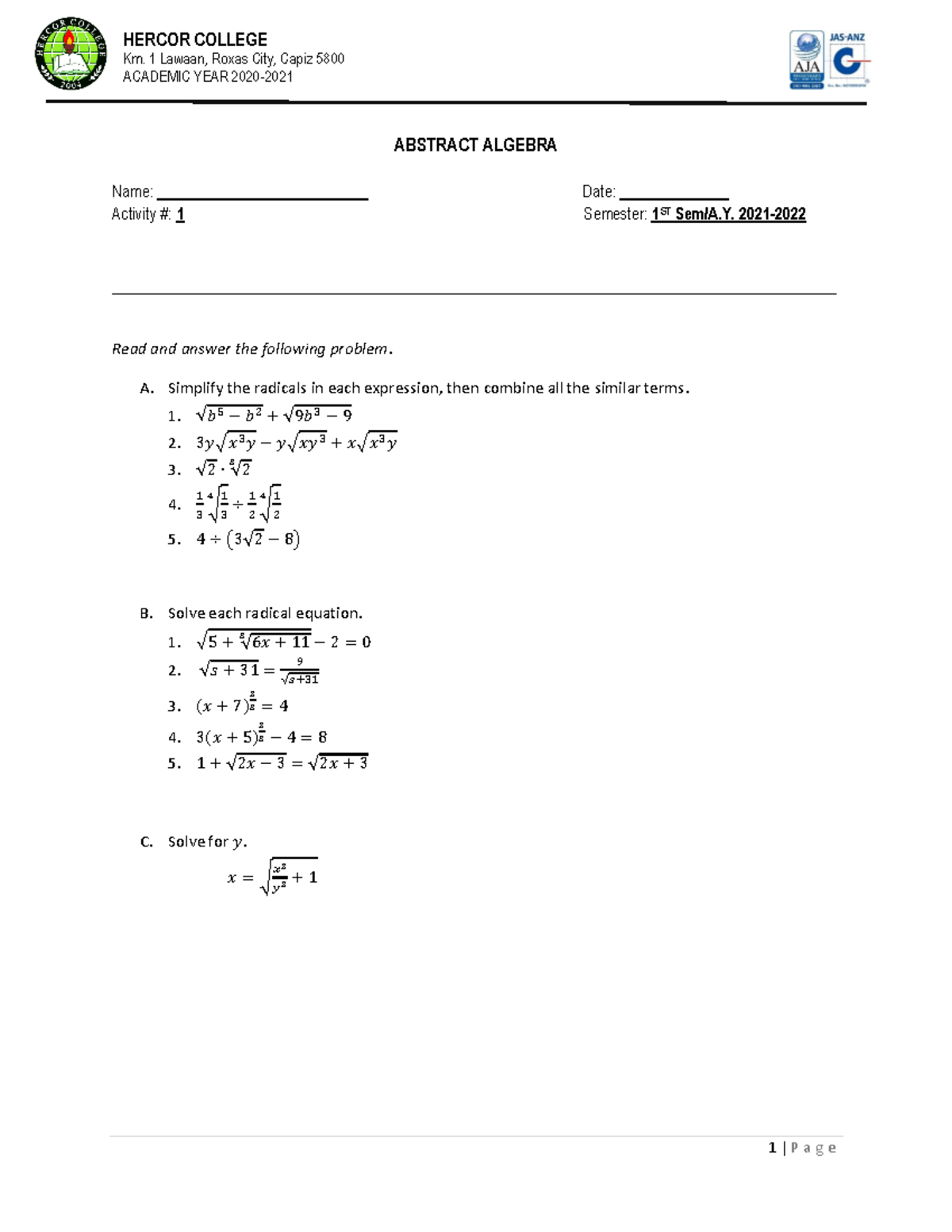 1ST- Activity - Five - 1 | P a g e ABSTRACT ALGEBRA Name ...