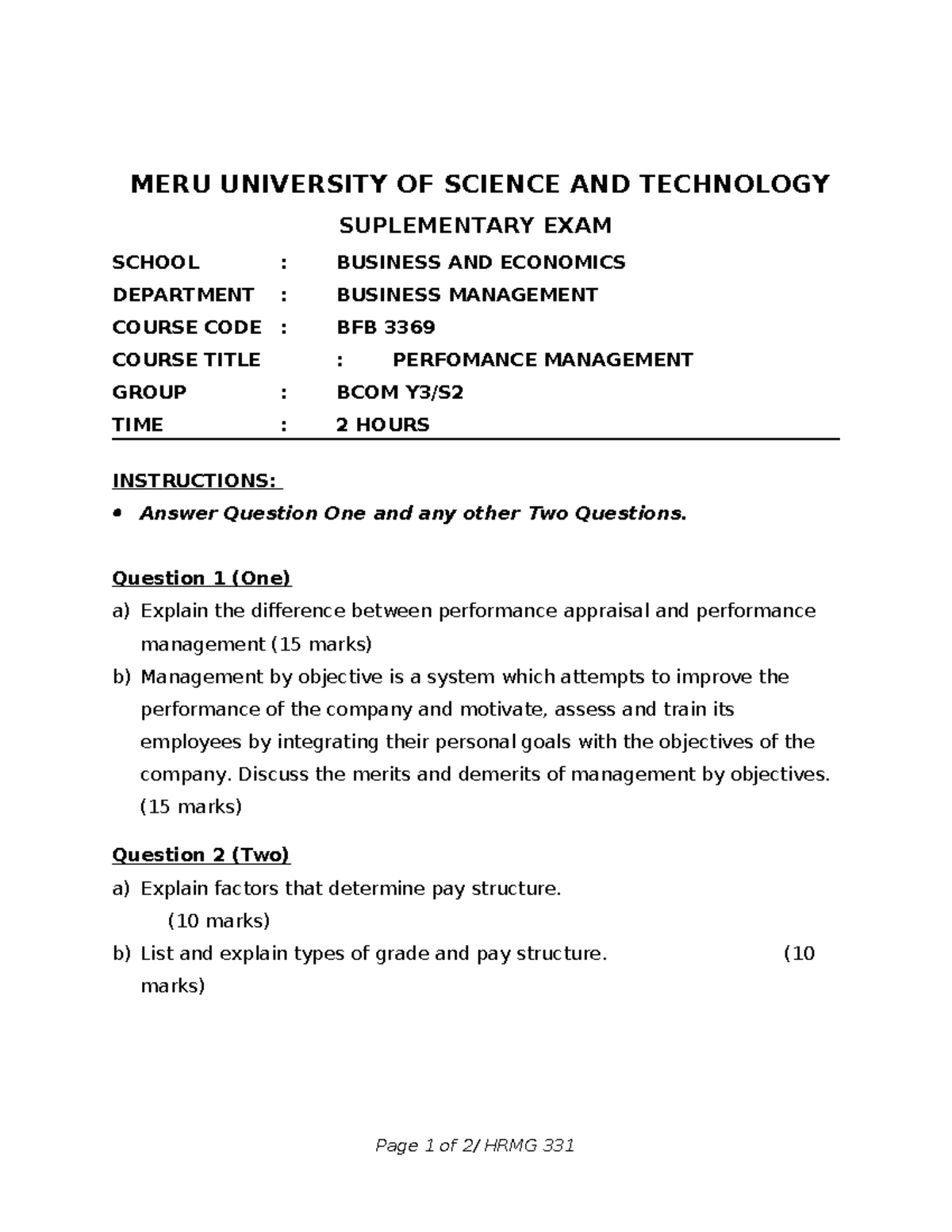 BFB 3369 - Perfomance Management - MERU UNIVERSITY OF SCIENCE AND TECHNOLOGY SUPLEMENTARY EXAM ...