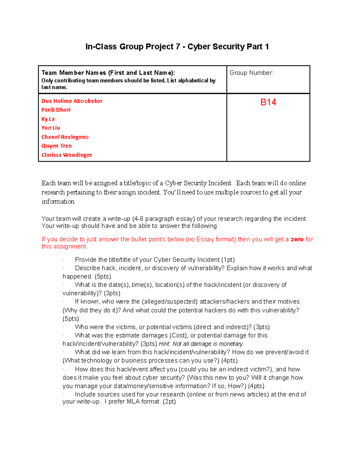 In-Class Group Project 7 - Cyber Security Part 1 - List alphabetical by ...