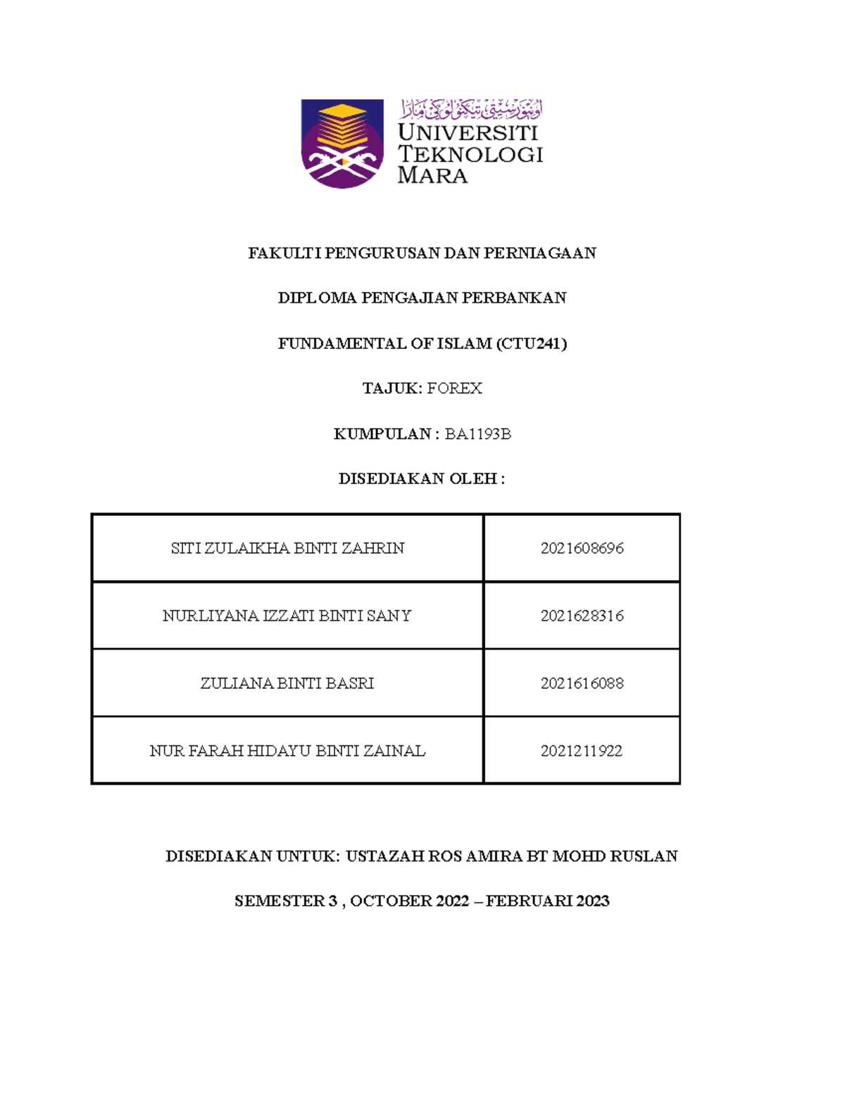 CTU241 Group Assignment - FAKULTI PENGURUSAN DAN PERNIAGAAN DIPLOMA ...
