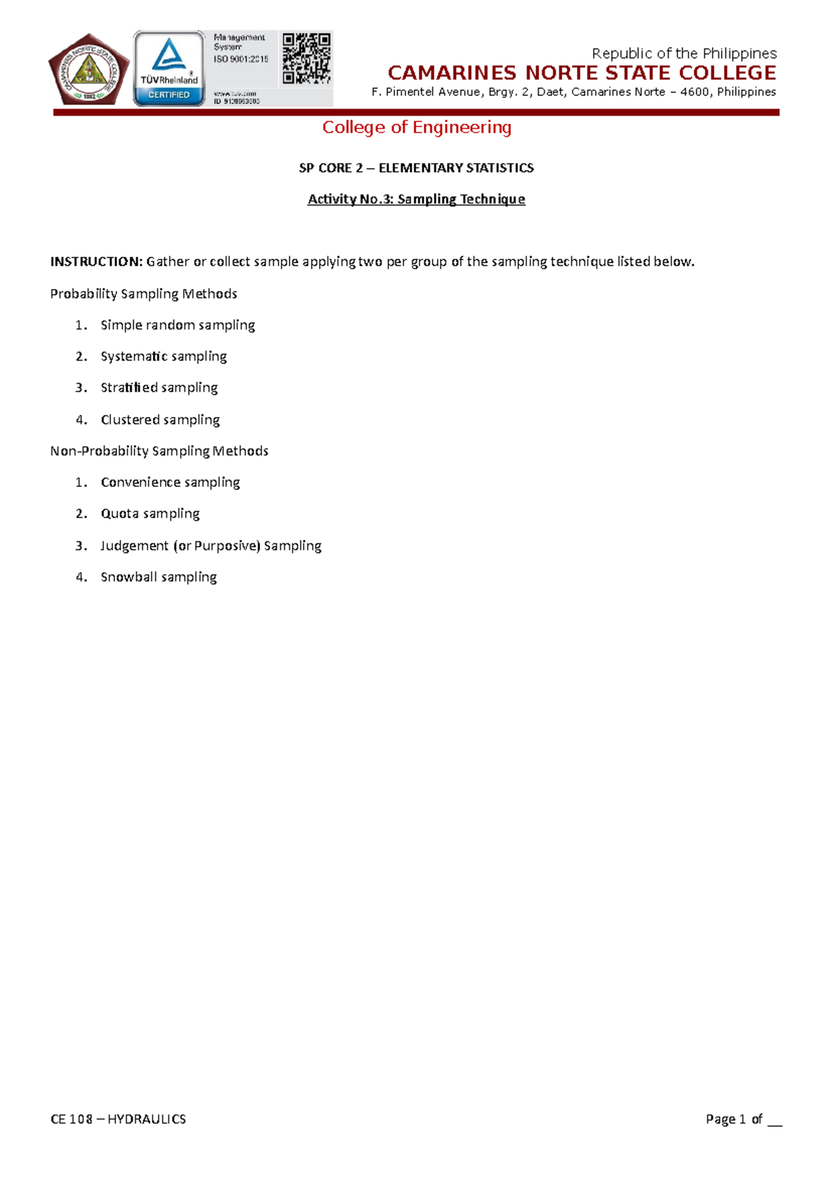 A3-ES - notes - SP CORE 2 – ELEMENTARY STATISTICS Activity No: Sampling ...