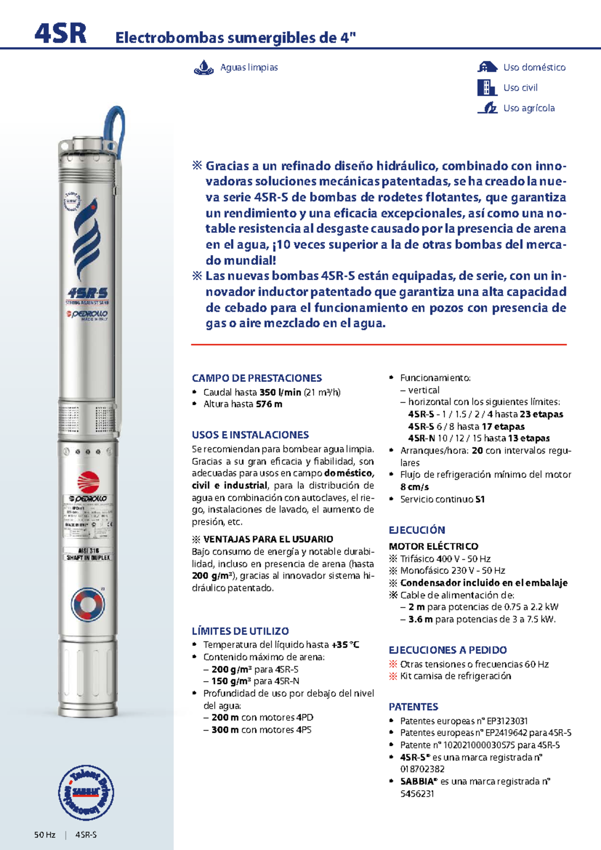 4SR ES 50Hz - bombas sumergibles - 4SR-S 4SR Electrobombas sumergibles ...